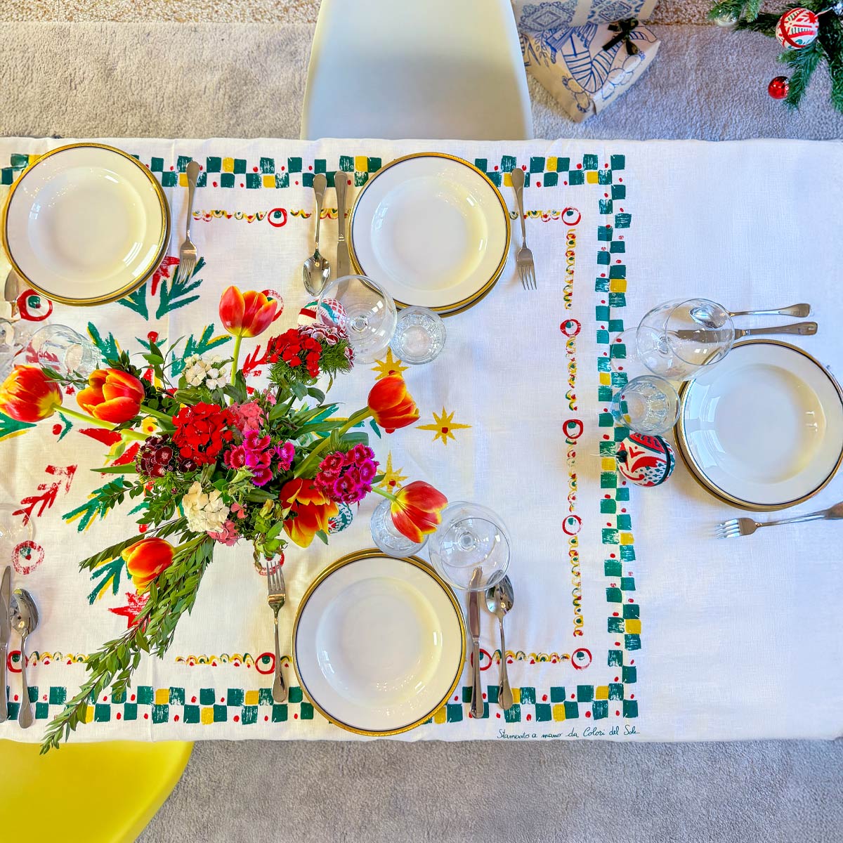 Stella di Natale rectangular tablecloth | 100% Hand-Printed Linen ...